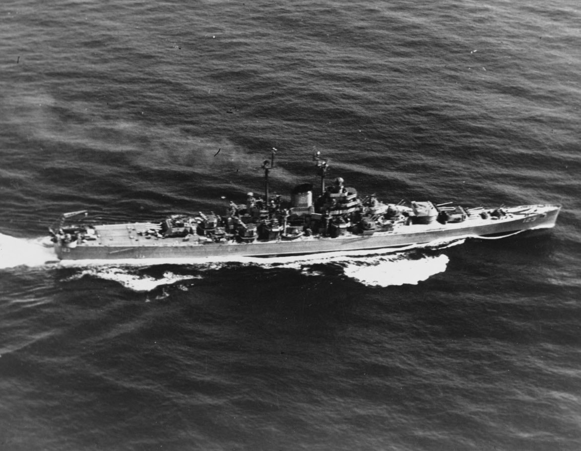 USS Albany (CA-123) from her own helicopter, 1951