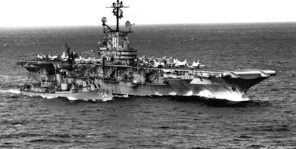 USS Borie (DD-704) refueling from USS Intrepid, 1966