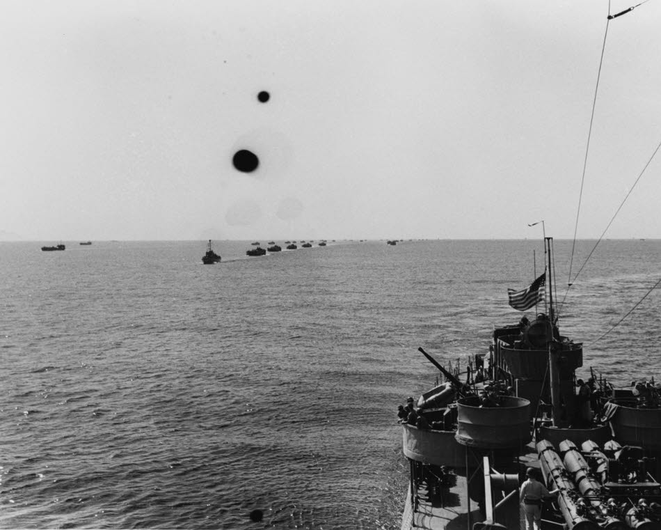USS Buck (DD-420) in front of LST Convoy for Sicily