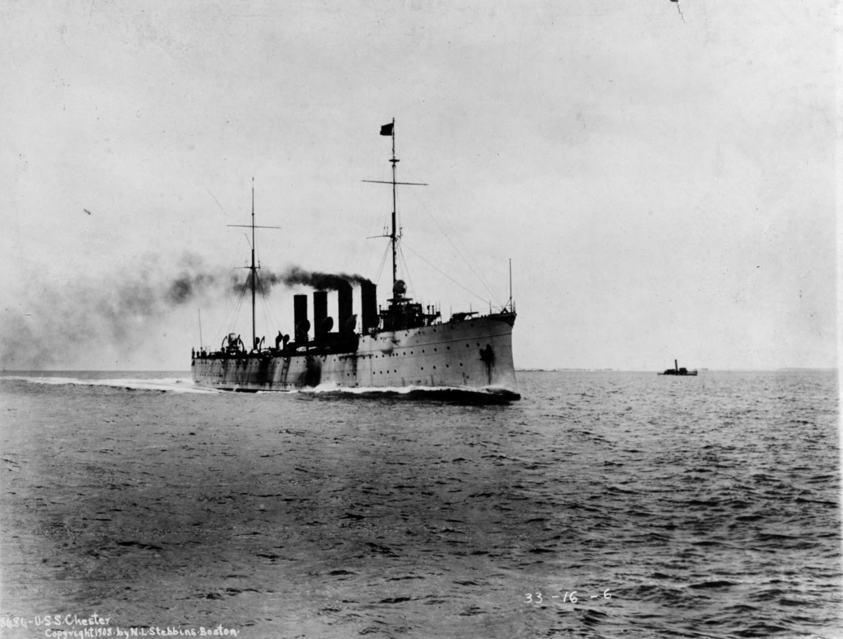 USS Chester (CL-1) from the front, 1908