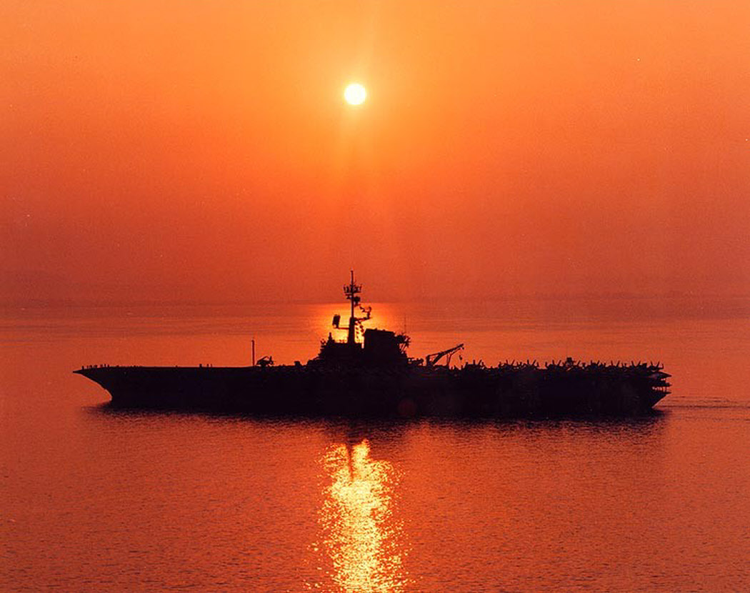 USS Coral Sea (CVA-43) arrives at Palma, Spain, 1989