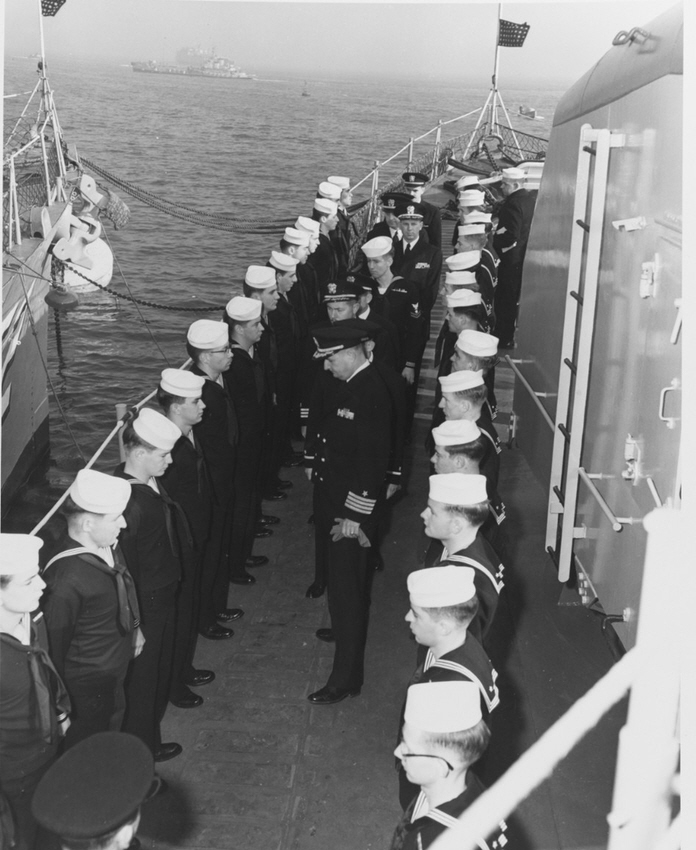 Captain Frank Virdin inspected USS Knapp (DD-653), 1953
