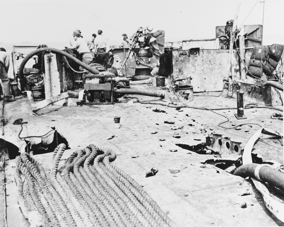 Damaged side deck on USS Laffey (DD-724)
