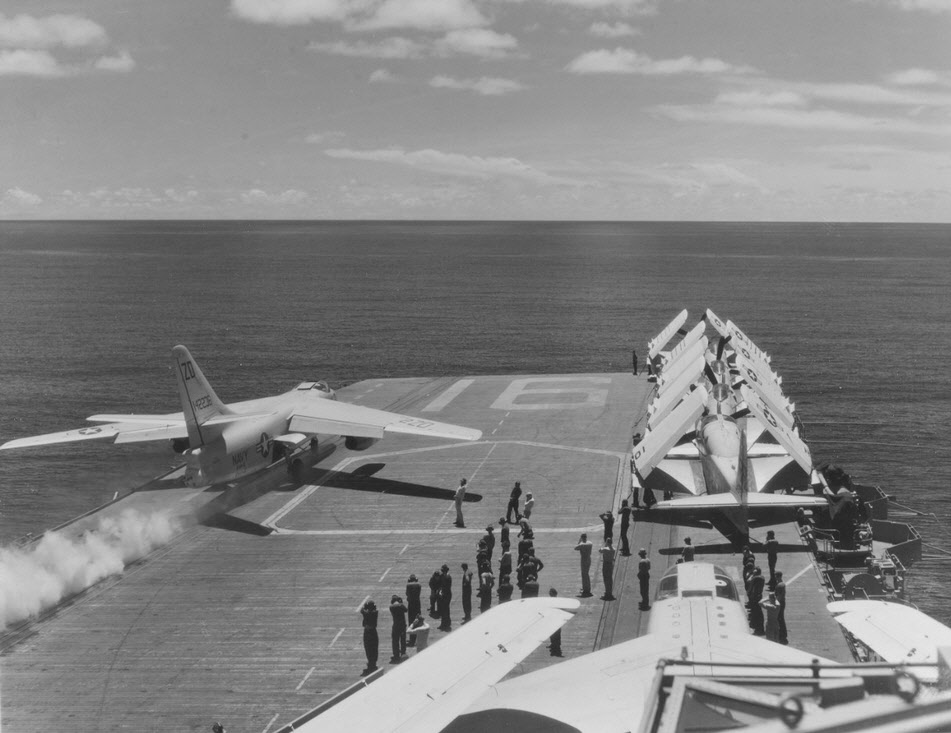 Douglas A3D Skywarrior takes off from USS Lexington (CV-16), 1958
