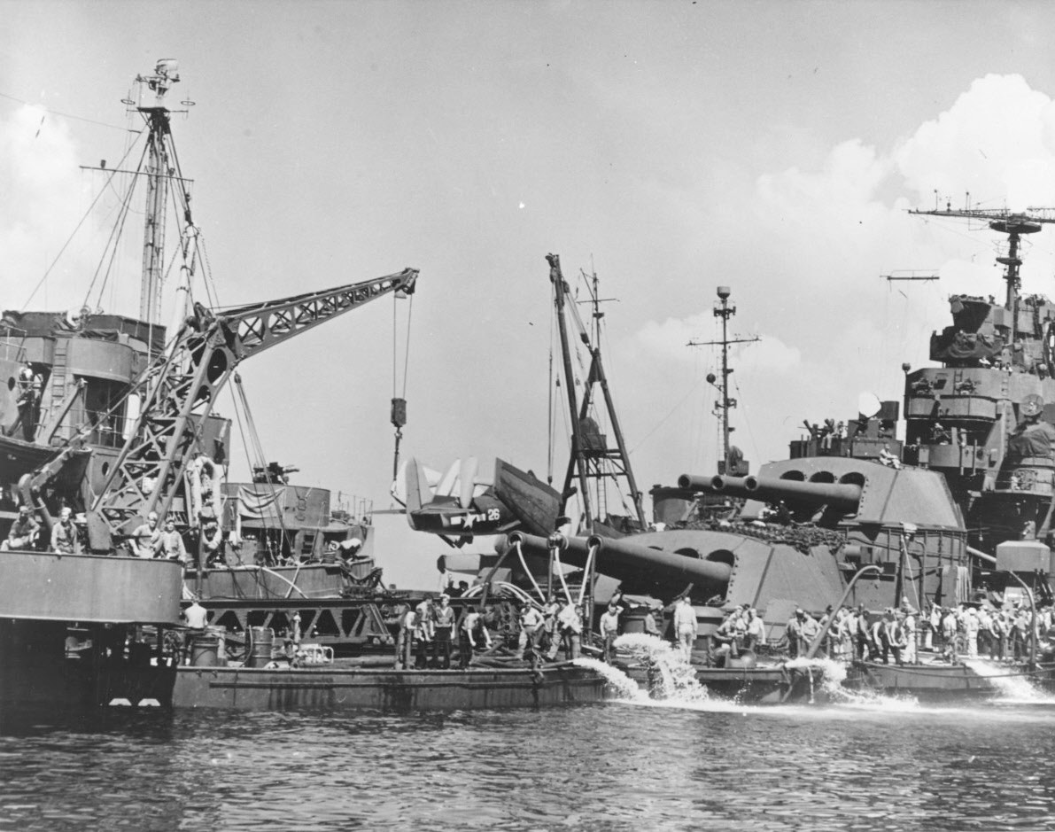 USS Pennsylvania (BB-38) after being torpedoed, Okinawa
