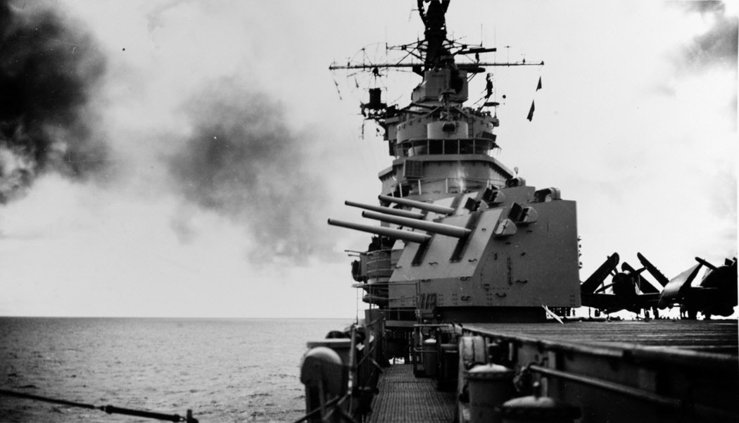 USS Valley Forge (CV-45) fires 5in guns, 1949